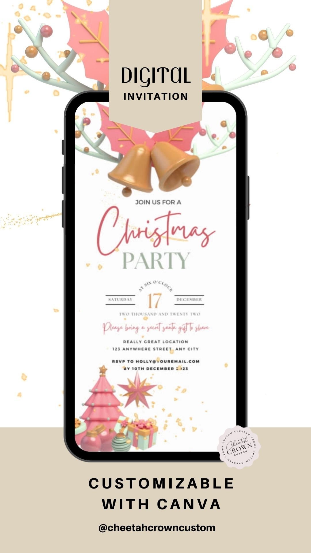 Digital Christmas Party Invitation, Electronic Christmas Dinner Evite ...