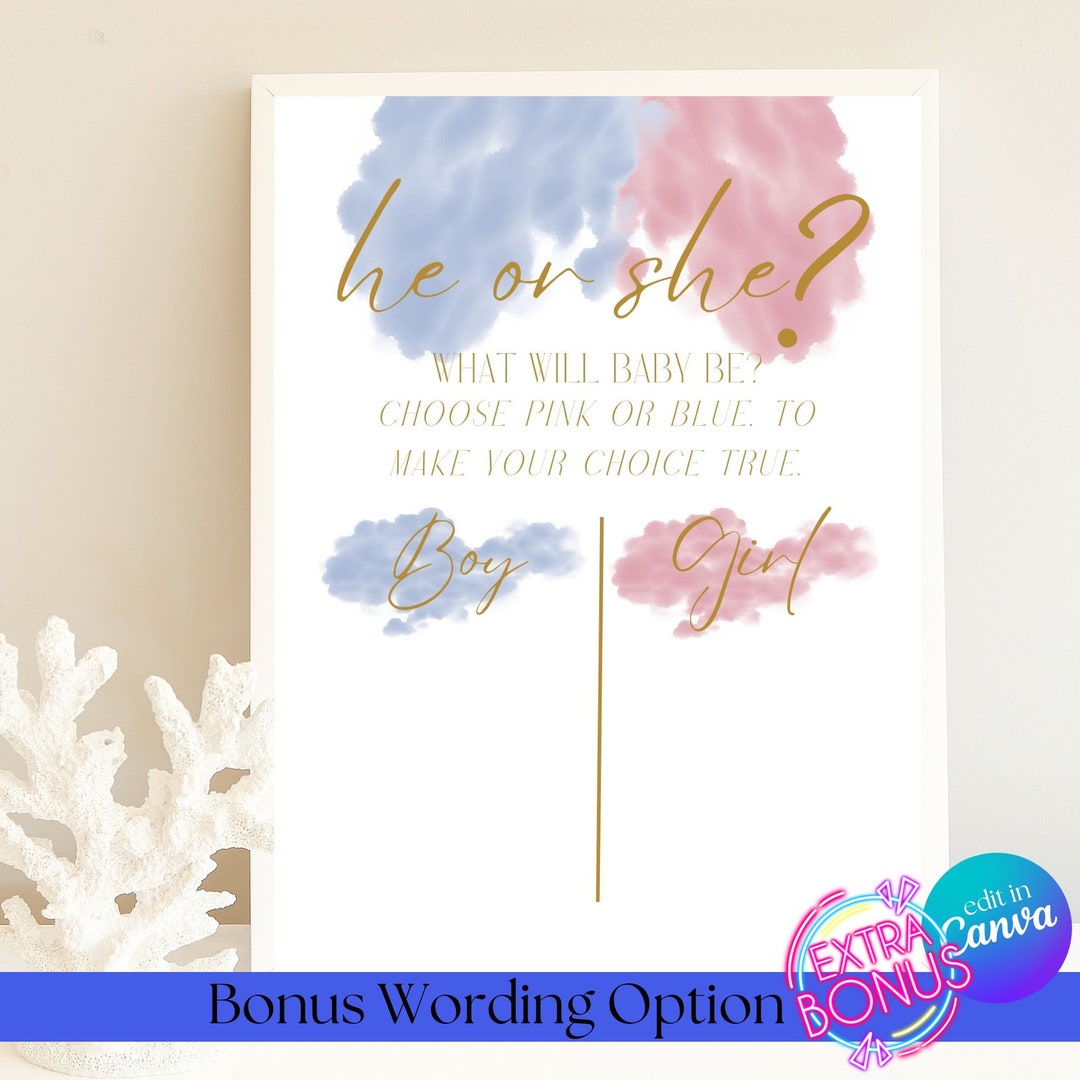 He or She Gender Reveal Sign: Baby Shower Poster (canva, Printable) - Etsy
