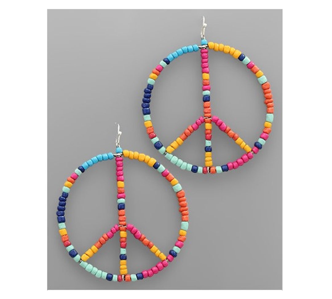 Peace Sign Earrings, Rainbow Peace Sign Earrings, 70's Earring, Beaded ...