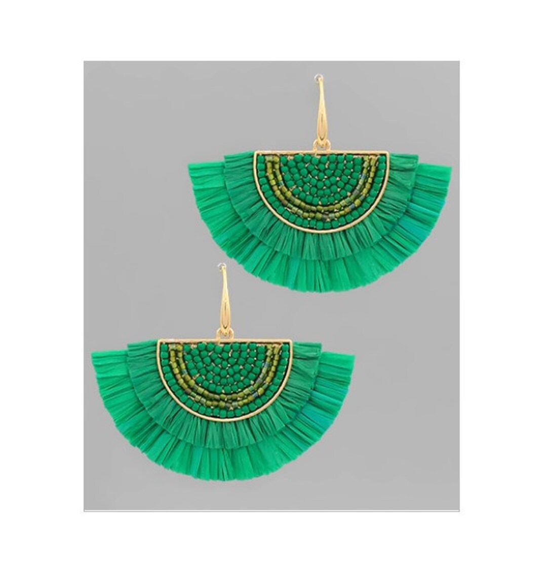 Green Raffia Fan Earrings Beaded Raffia Earrings Boho - Etsy