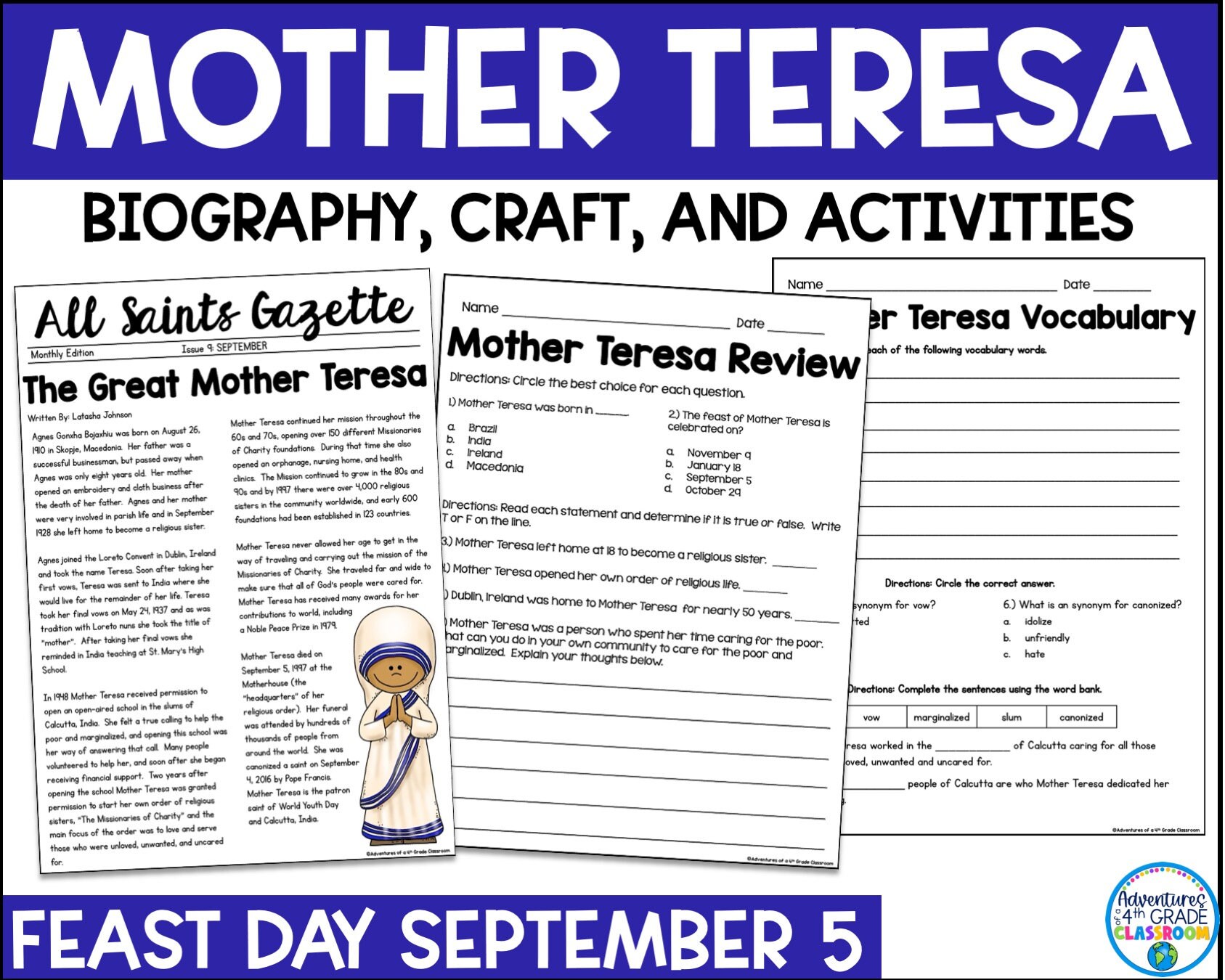 Mother Teresa Biography & Activities (st. Teresa of Calcutta) - Etsy
