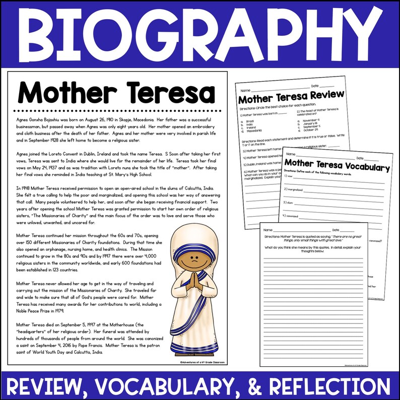 Mother Teresa Biography & Activities (st. Teresa of Calcutta) - Etsy