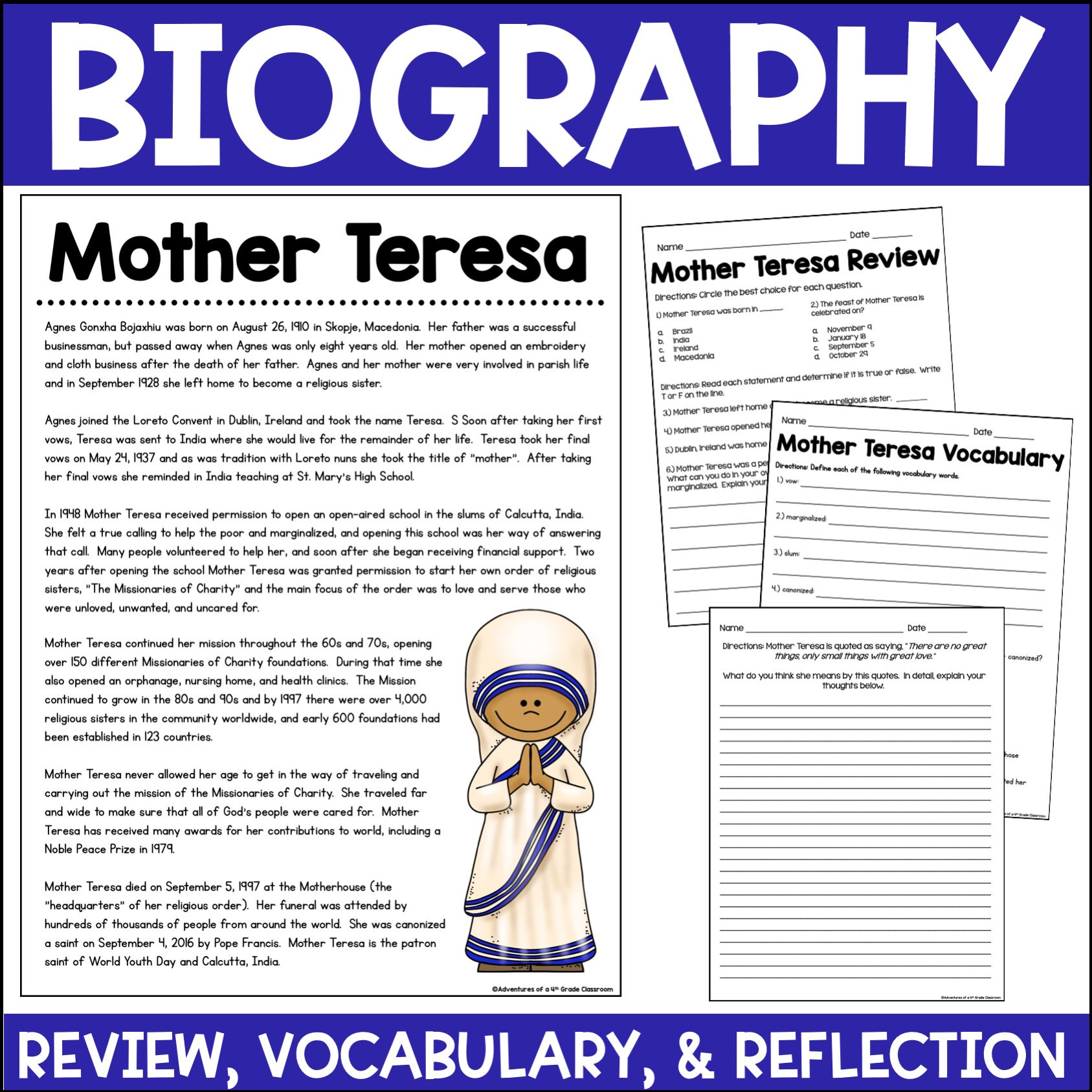 Mother Teresa Biography & Activities (st. Teresa of Calcutta) - Etsy