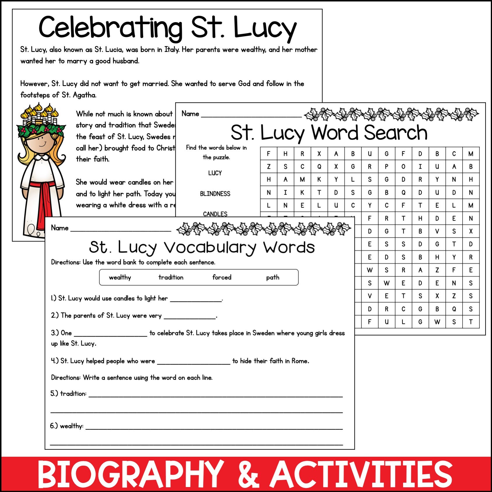 St. Lucy Activities for Primary Grades (st. Lucia) - Etsy