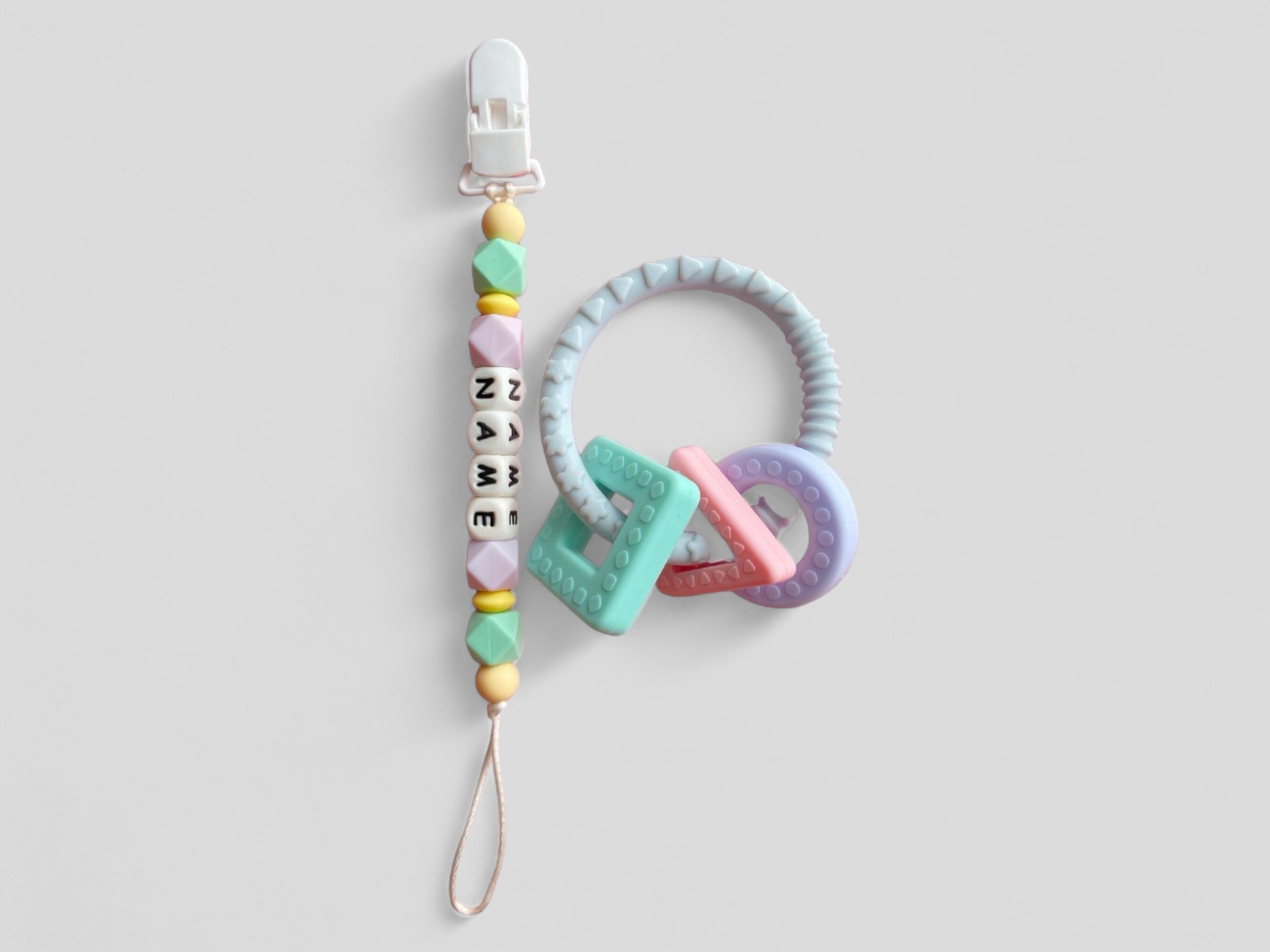 Personalized Shape Silicone Teether Clip , Newborn Gift, Dummy Clip ...