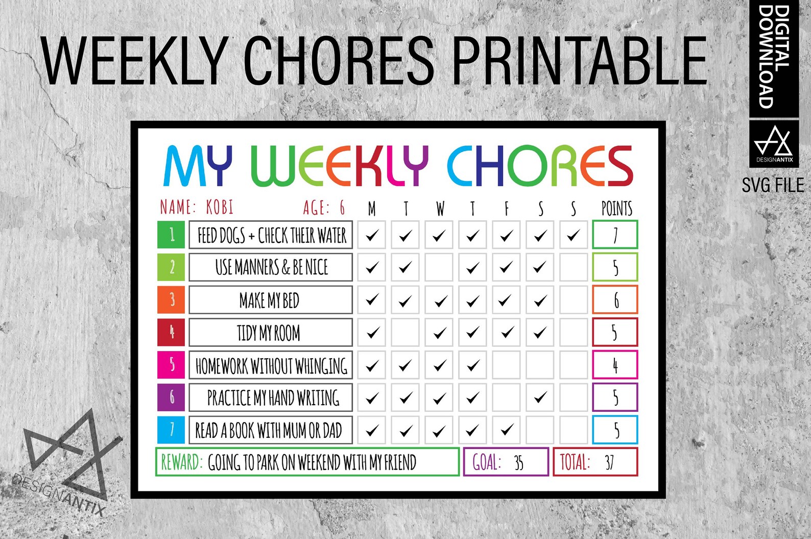 Printable Weekly Chore & Reward Chart for Young Children. Goal Setting ...