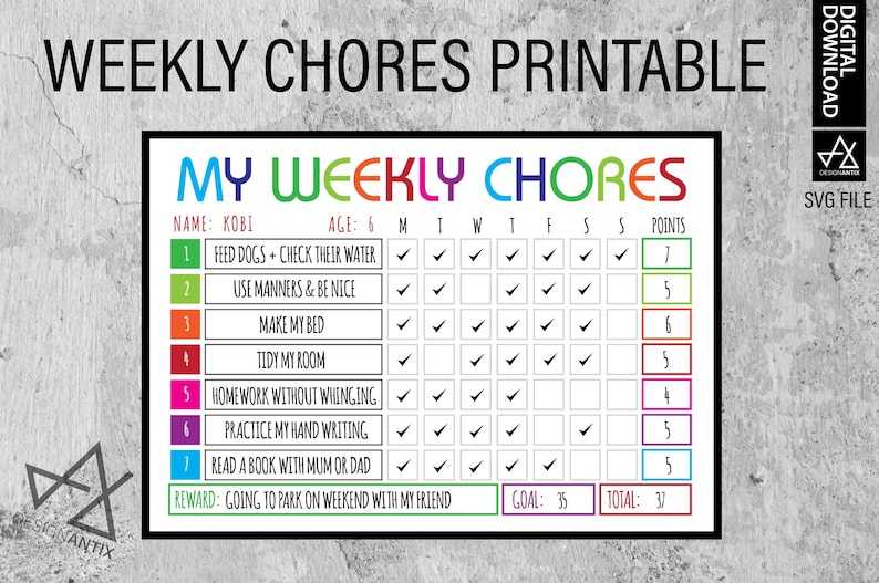 Printable Weekly Chore & Reward Chart for Young Children. Goal Setting ...