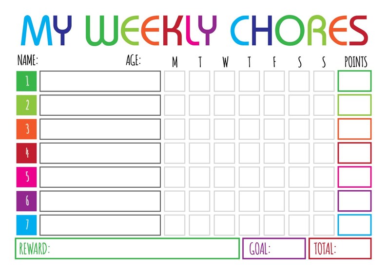 Printable Weekly Chore & Reward Chart for Young Children. Goal Setting ...