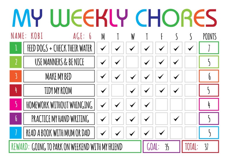 Printable Weekly Chore & Reward Chart for Young Children. Goal Setting ...