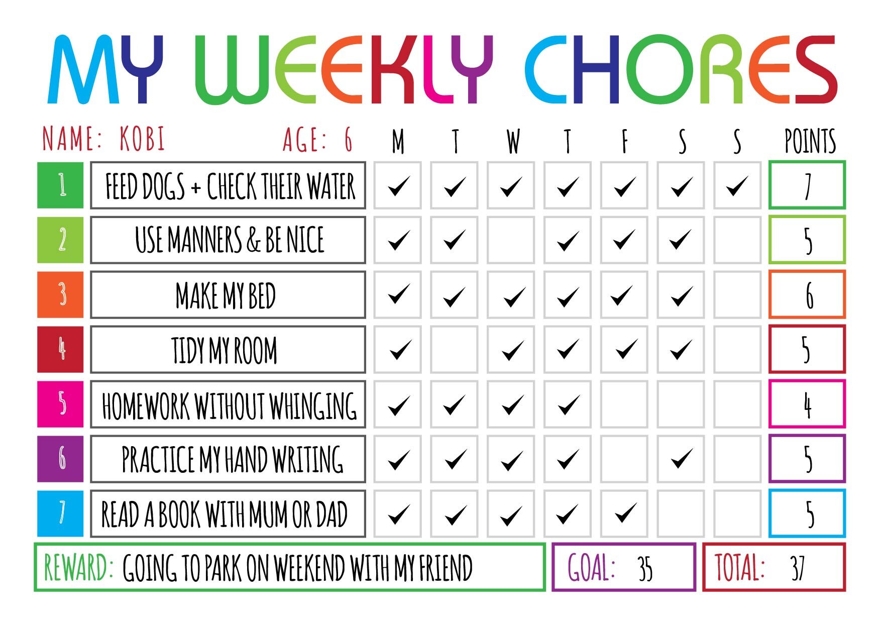 Printable Weekly Chore & Reward Chart for Young Children. Goal Setting ...