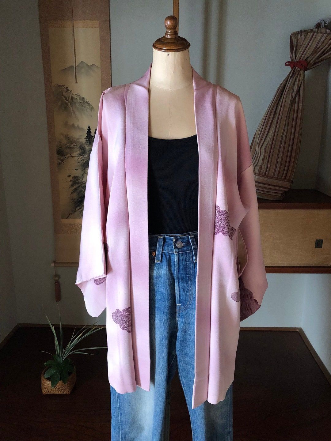 Vintage Kimono Haori / Light Pink With Purple Clouds Pattern - Etsy