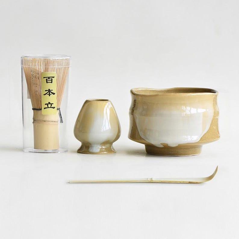 Green Ceramic Matcha Bowl Set With Spout,bamboo Whisk and Chasen Holder ...