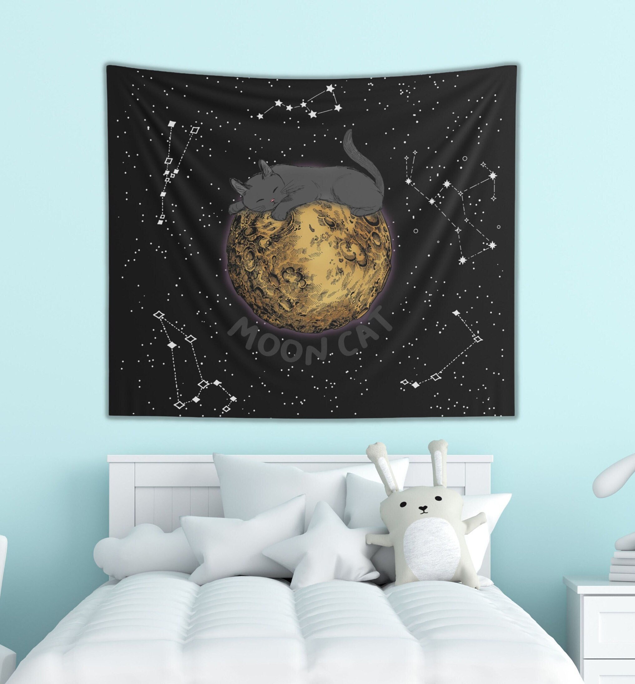 Cat Tapestry, Moon Tapestry, Cat Wall Hanging, Moon Art, Constellation ...