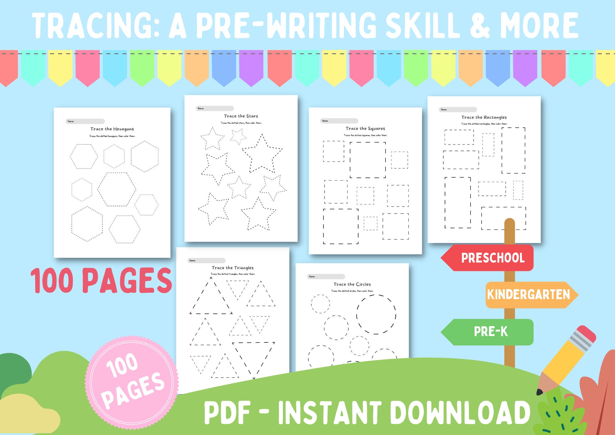 Pre-writing Worksheets Tracing Coloring Learn to Trace - Etsy