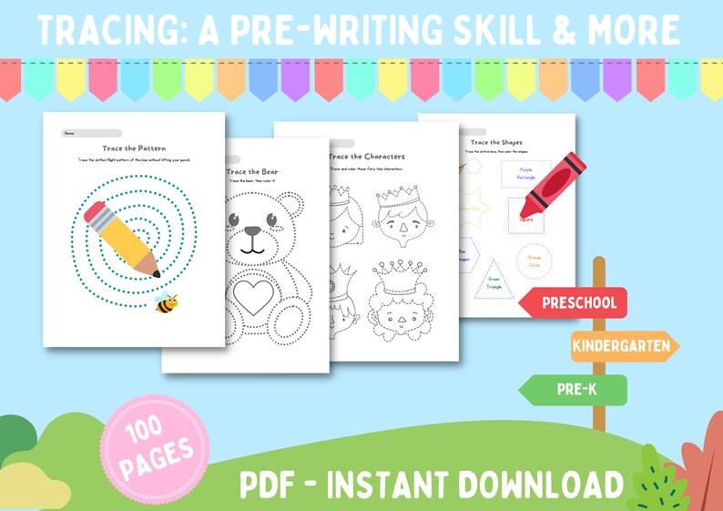 Pre-writing Worksheets Tracing Coloring Learn to Trace - Etsy