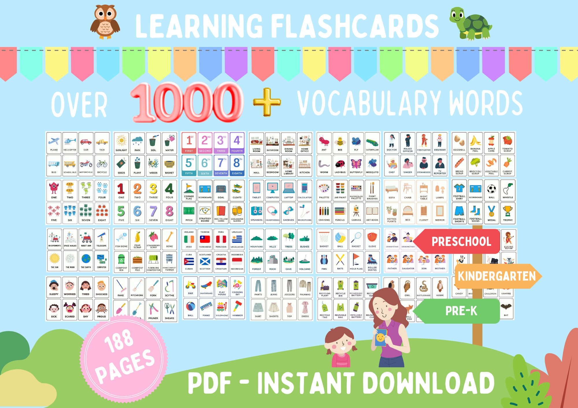 Preschool Pre-k Kindergarten Learning Flashcards 1000 Words Kids ...