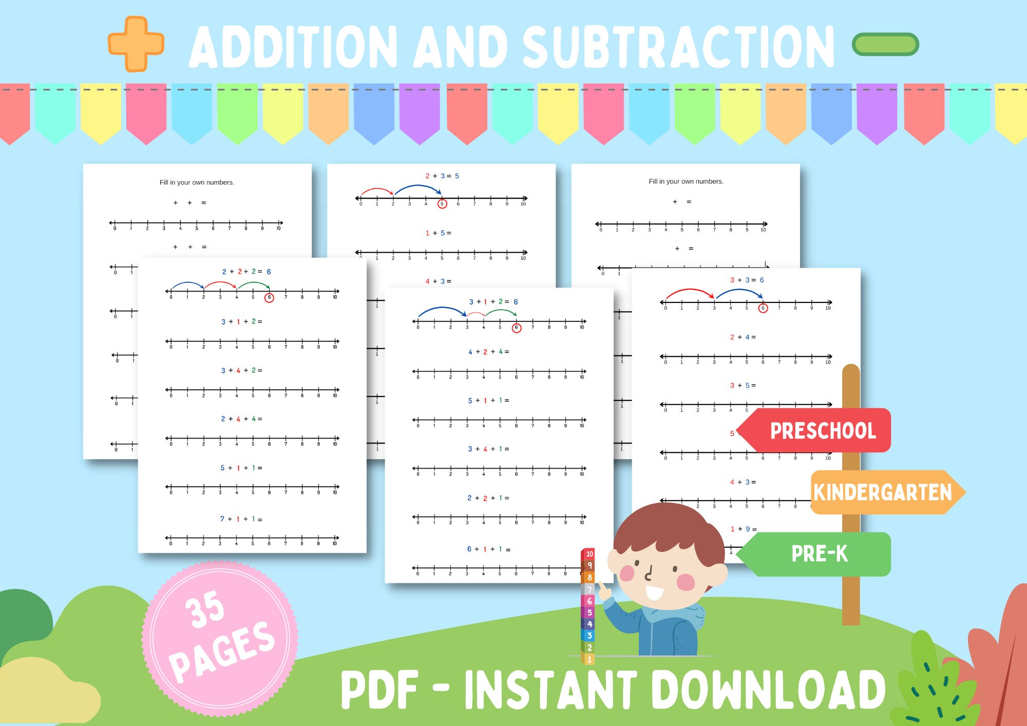 Basic Math Worksheets, Addition, Subtraction, Add With Number Lines ...