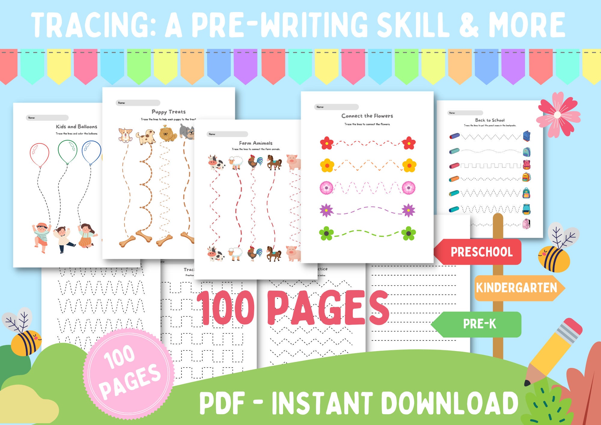 Pre-writing Worksheets, Tracing, Coloring, Learn to Trace, Kids ...