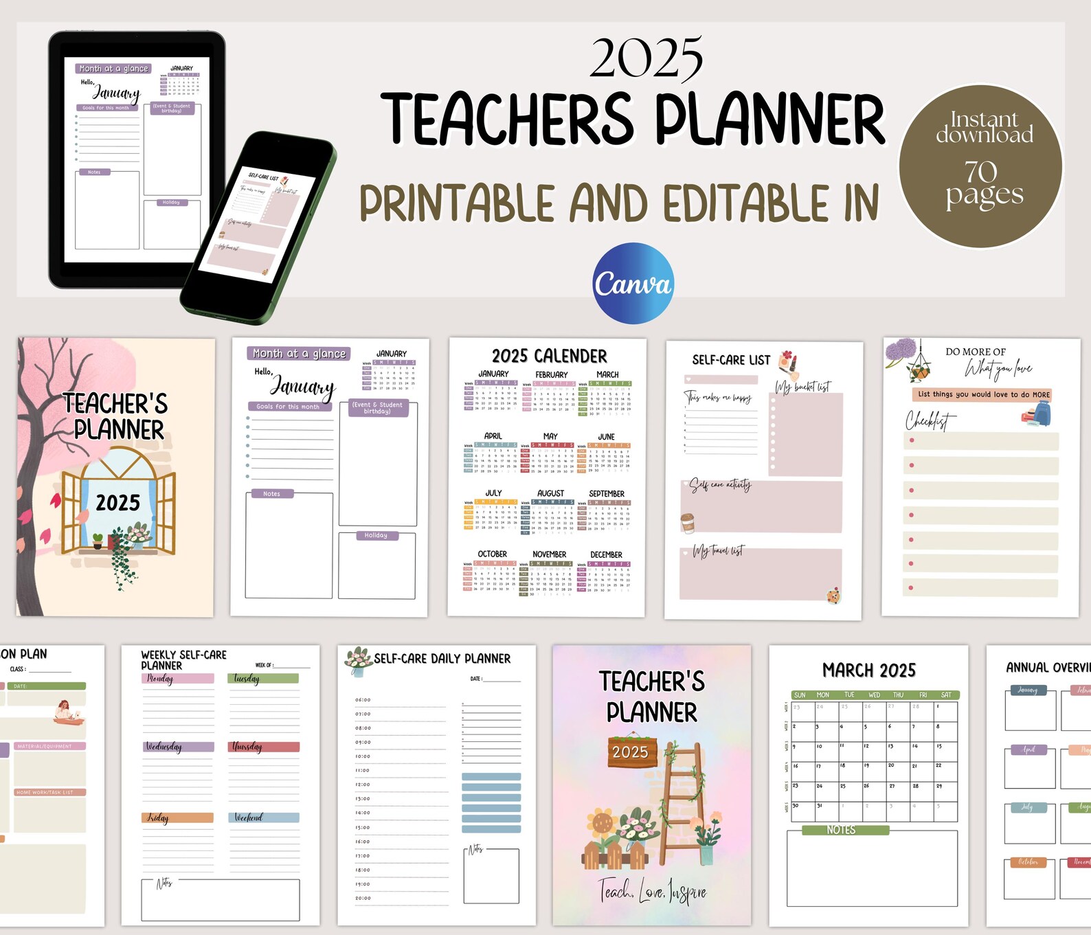 School Teacher Planner Printable Calendar 2025 Colourful Monthly ...