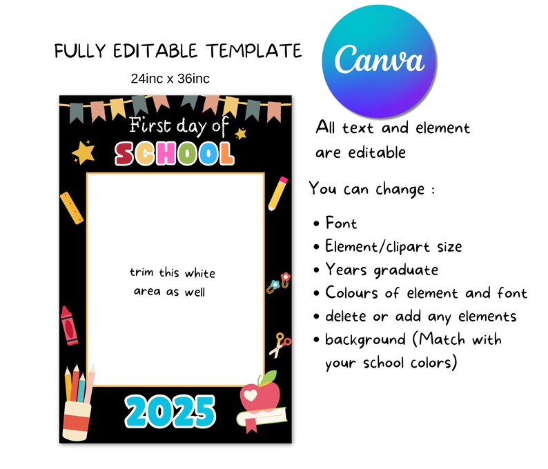 Back to School Photo Frame Editable in Canva, First Day of School Photo ...