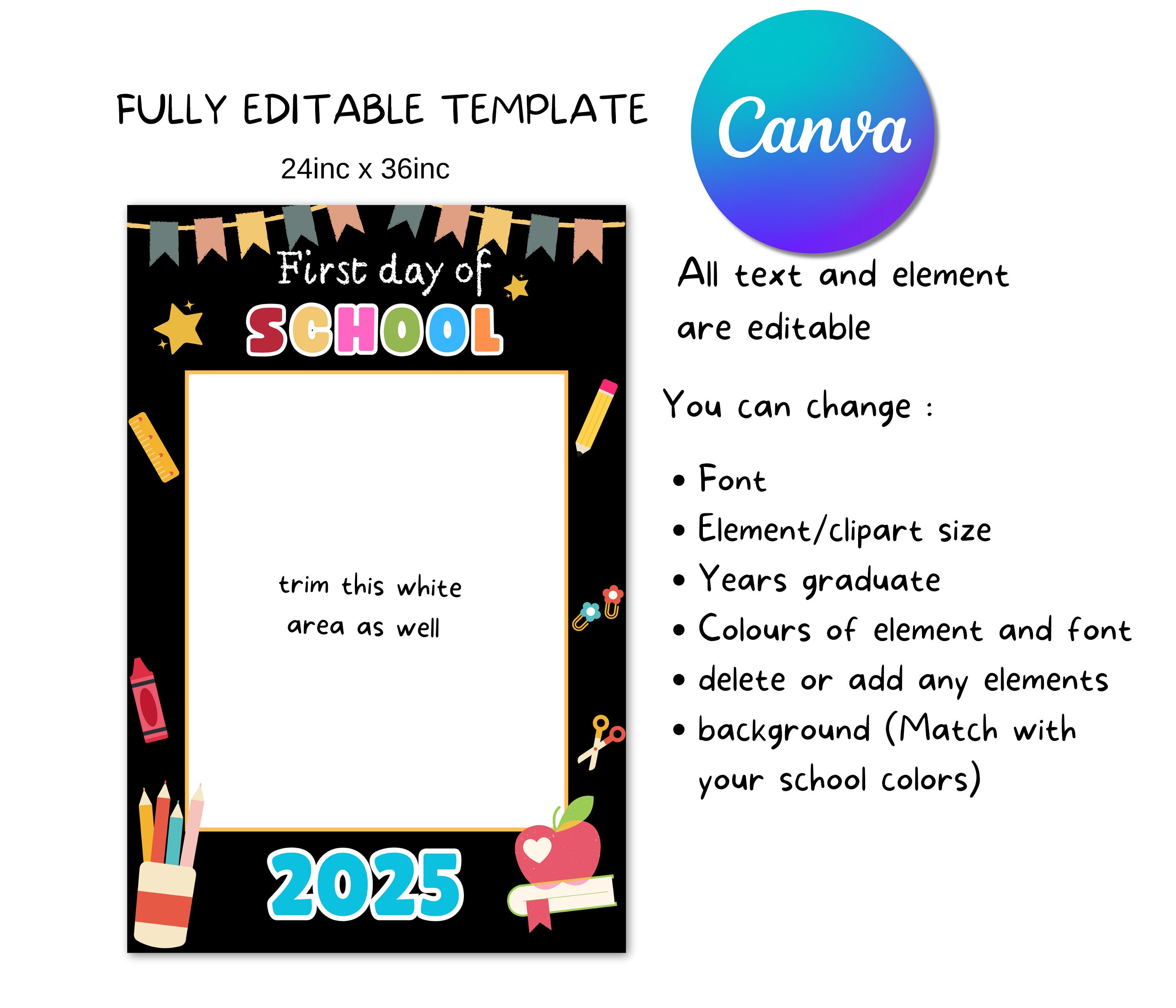 Back to School Photo Frame Editable in Canva, First Day of School Photo ...