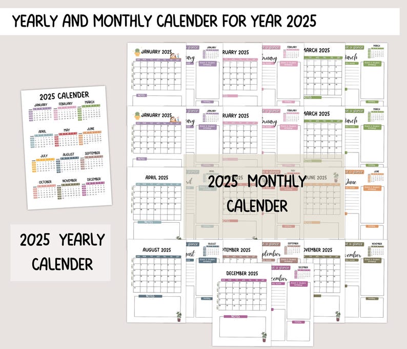 School Teacher Planner Printable Calendar 2025 Colourful Monthly ...