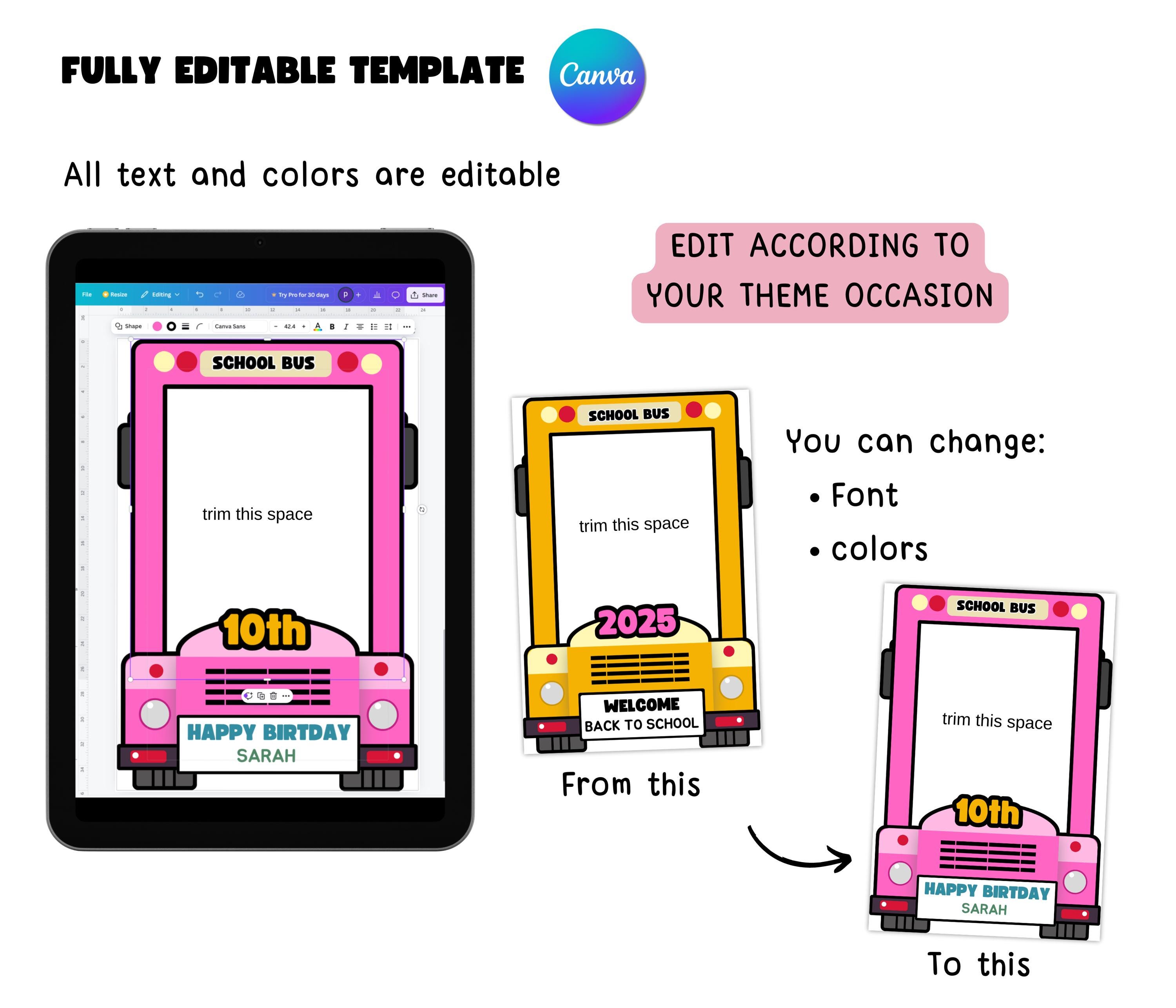 Back to School Photo Frame Editable in Canva, First Day of School Photo ...