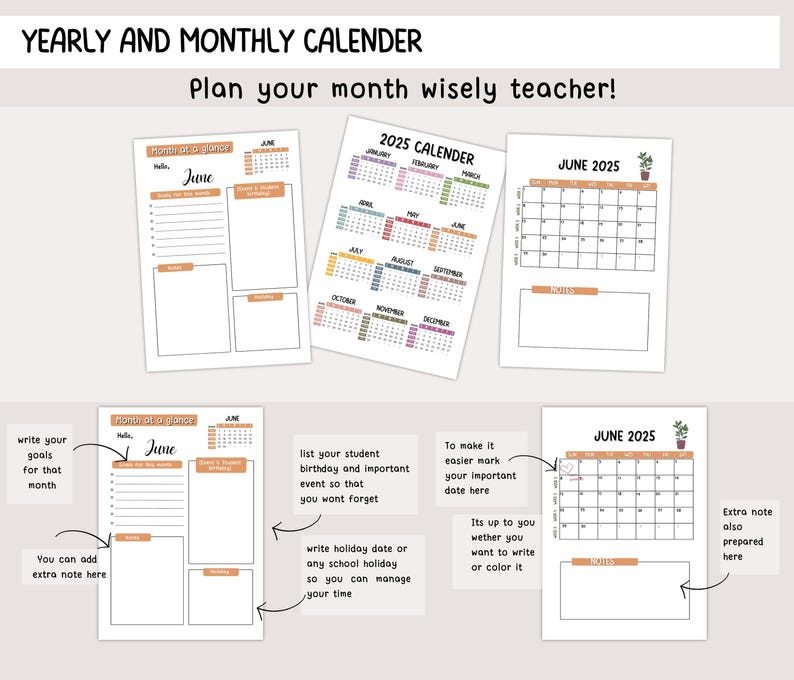School Teacher Planner Printable Calendar 2025 Colourful Monthly ...