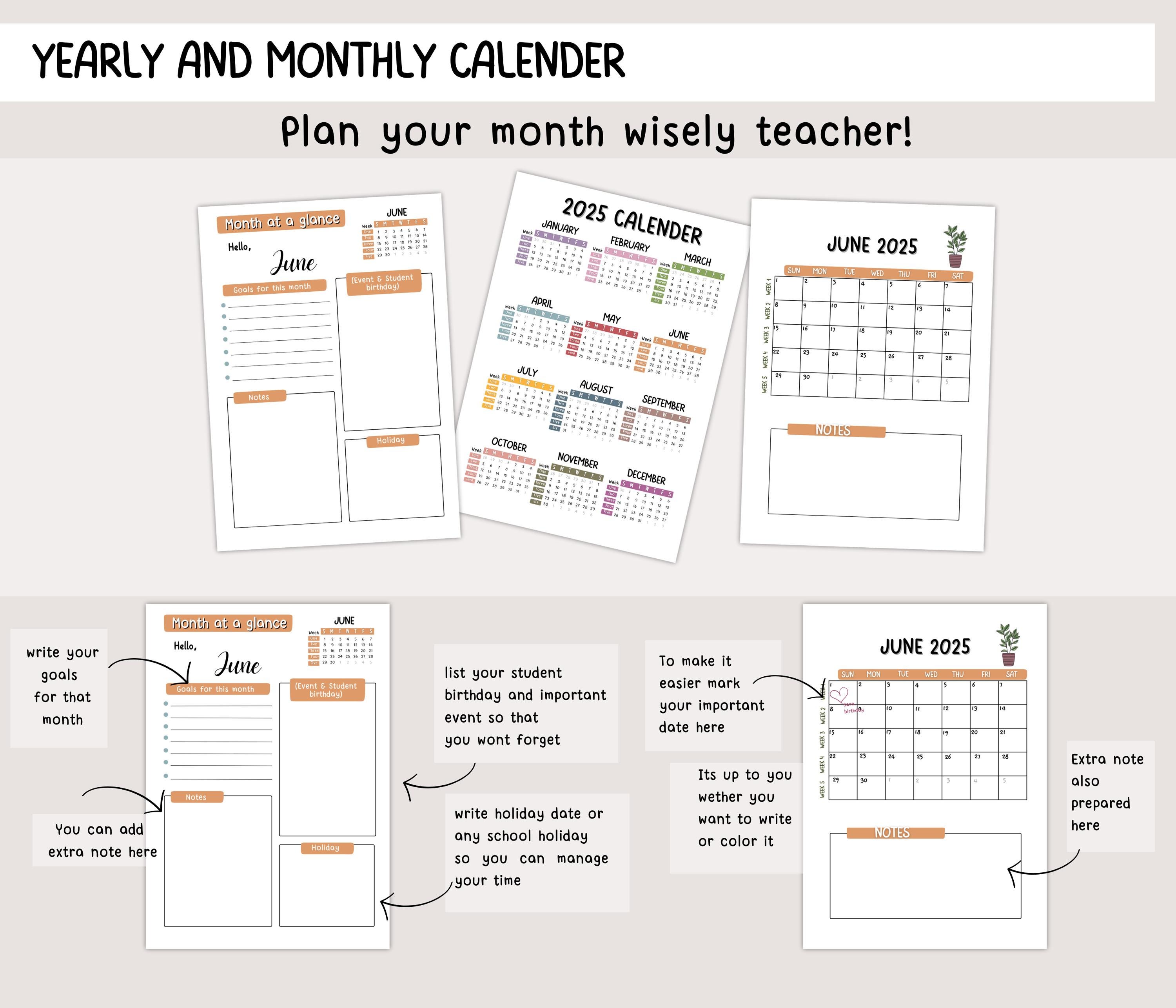 School Teacher Planner Printable Calendar 2025 Colourful Monthly ...
