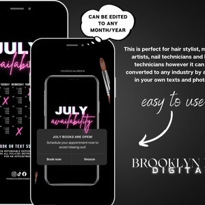 July Availability Calendar, Instagram Story Calendar, Book Now, DIY ...