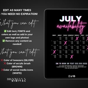 July Availability Calendar, Instagram Story Calendar, Book Now, DIY ...