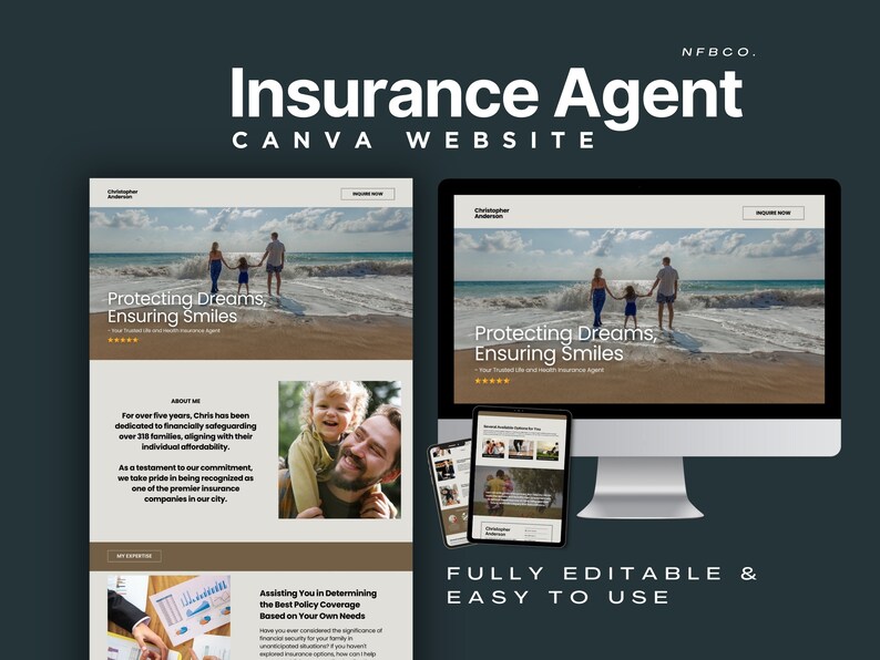 Insurance Agent Canva Website Template, Professional Theme, FREE ...
