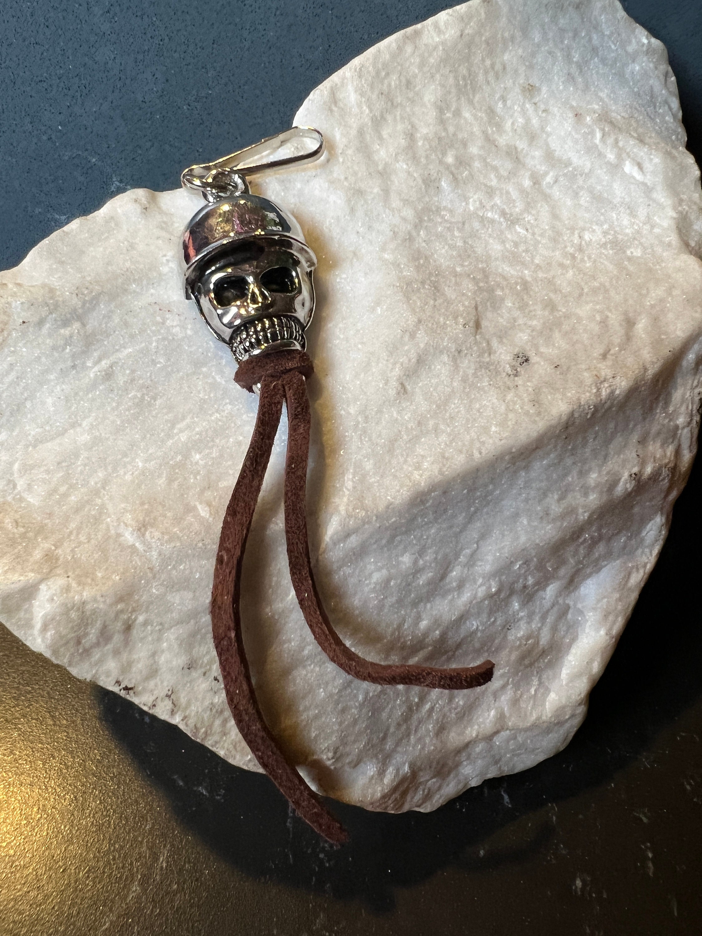Silver Skull Zipper Pull With Dark Brown Suede - Etsy