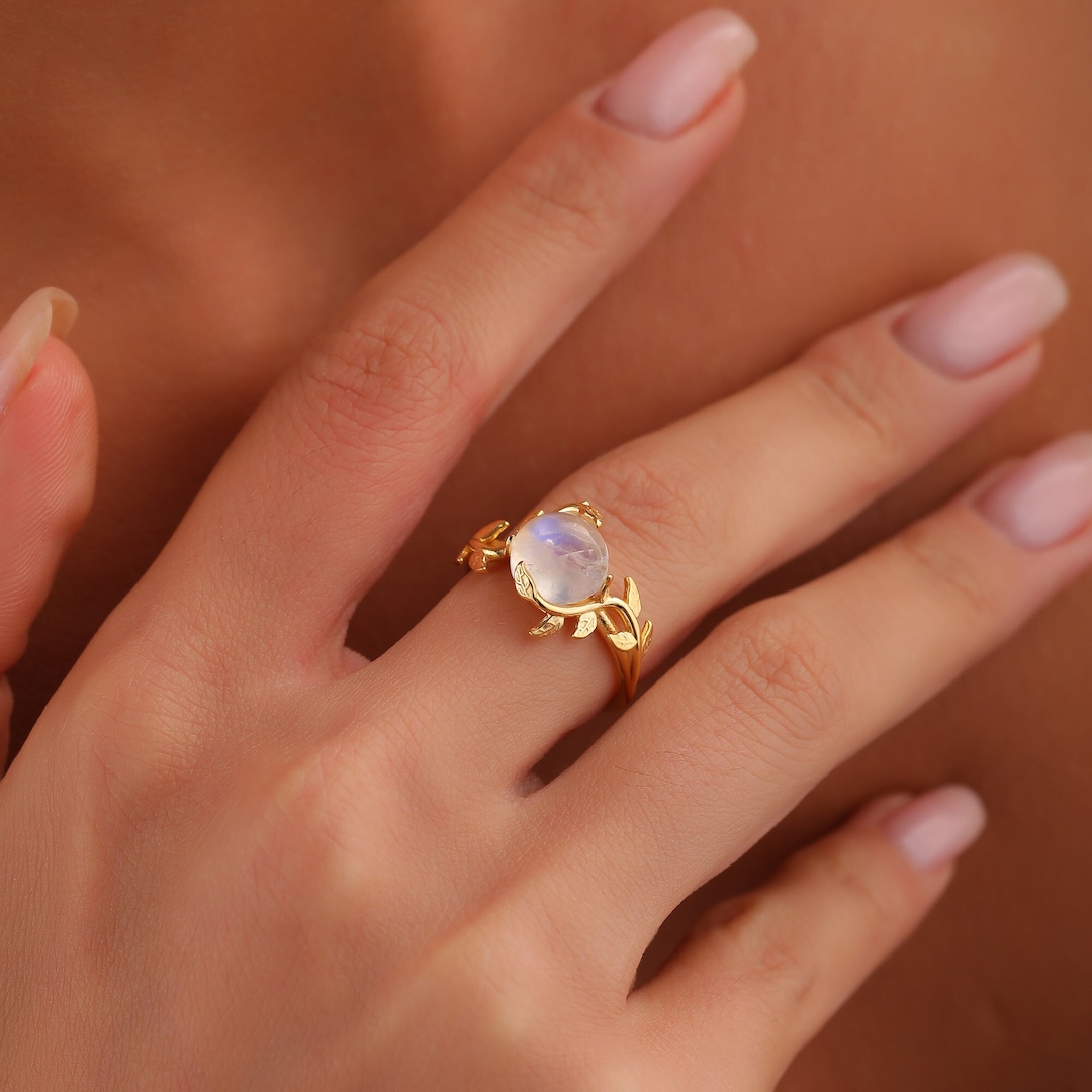 Gold Leaf Moonstone Ring: Sterling Silver Gemstone Jewelry, Gift for ...