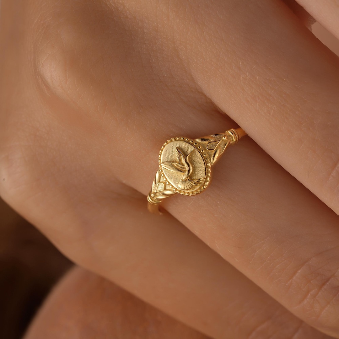 Buy Hummingbird Ring, Gold Signet Pinky Ring for Womens, Jewelry ...