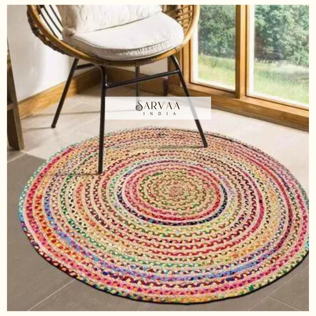 Beautiful Multicolor Round Rug, Handmade Jute & Cotton, Handwoven ...