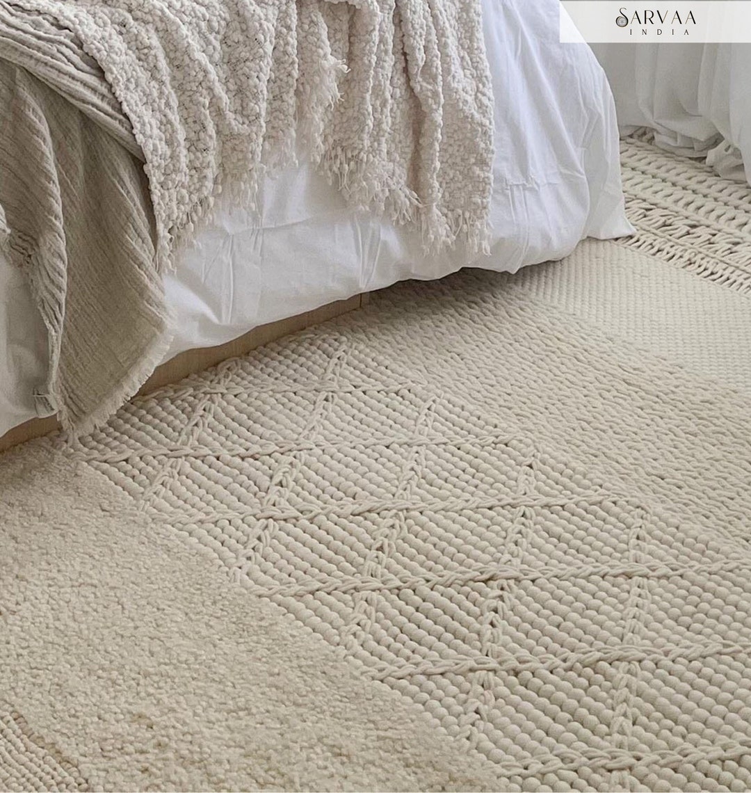 Hand Knotted Chunky Wool Rug, Loop Braided Rug, Flat Weave Ivory/ Off ...