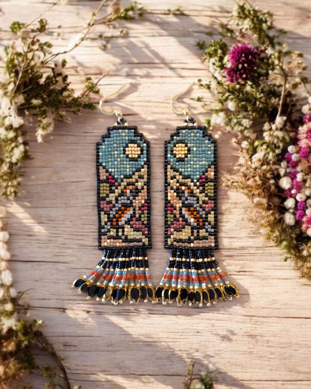Handmade Beaded Fringe Quail Earrings, Silk Satin Seed Beads, Arizona ...