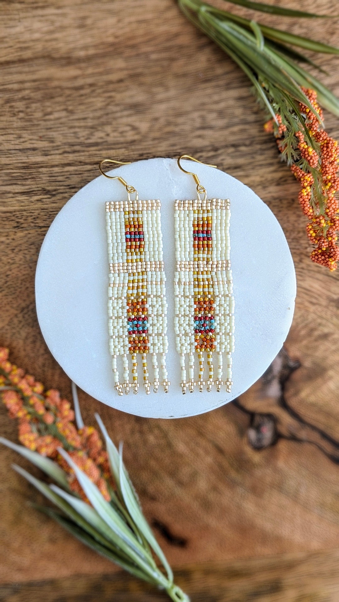 MADE TO ORDER Handmade Seed Bead Southwest Earrings in Gold White ...