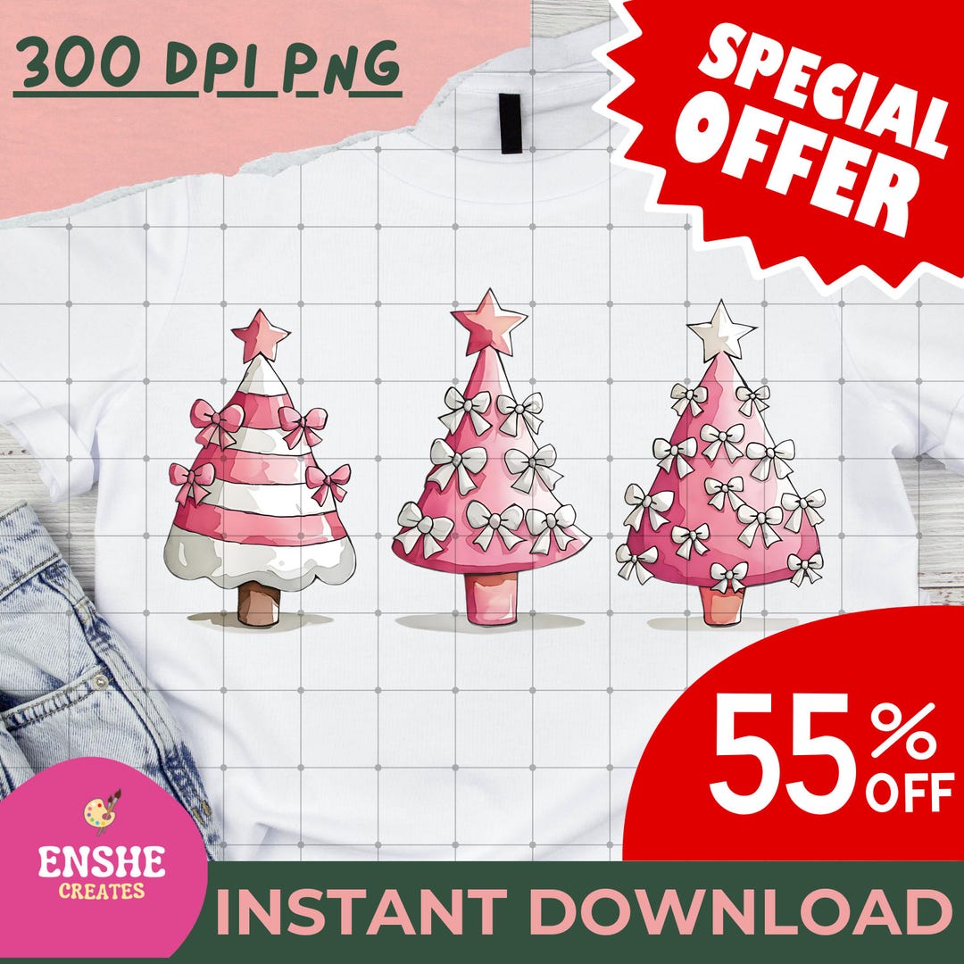 Retro Pink Christmas Tree Clipart Set, Holiday PNG Stickers (digital ...