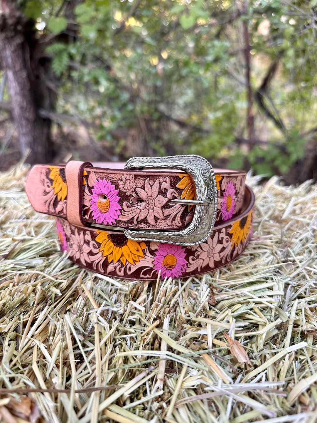 Sunflower Leather Belt for Women's With Removable Buckle Cowgirl Belt ...