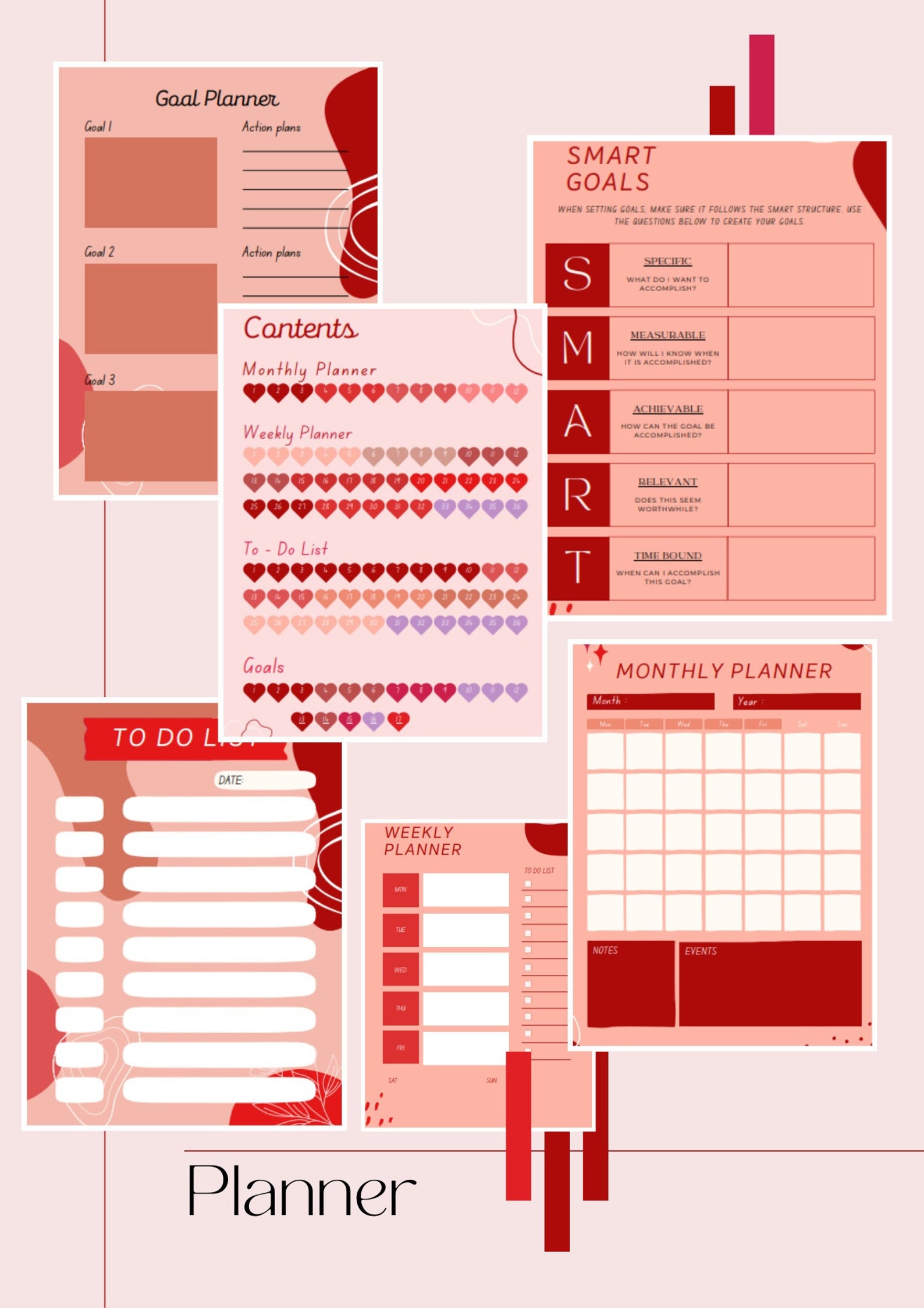 Pink Red Digital Planner | Basic Planner, to - Do List , Hyperlinked ...