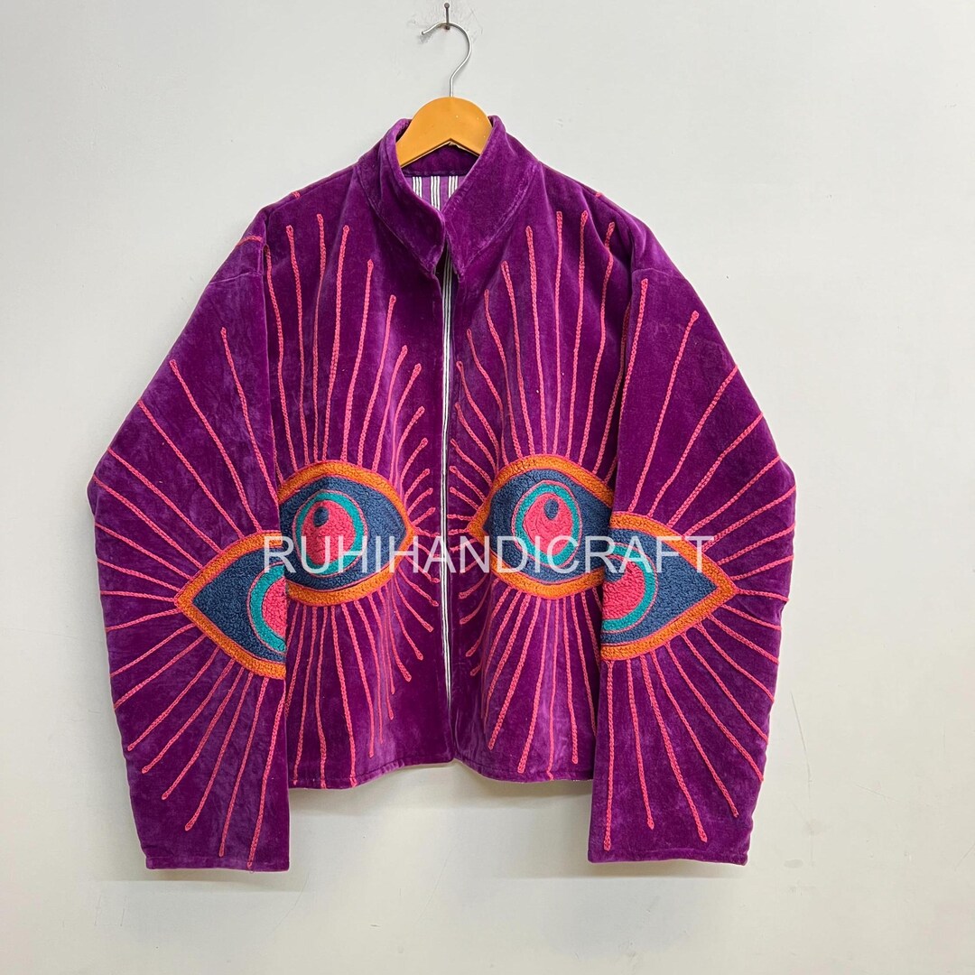 Hand Stitch Velvet Jacket, Eye Embroidered Jacket With Two Side Pockets ...