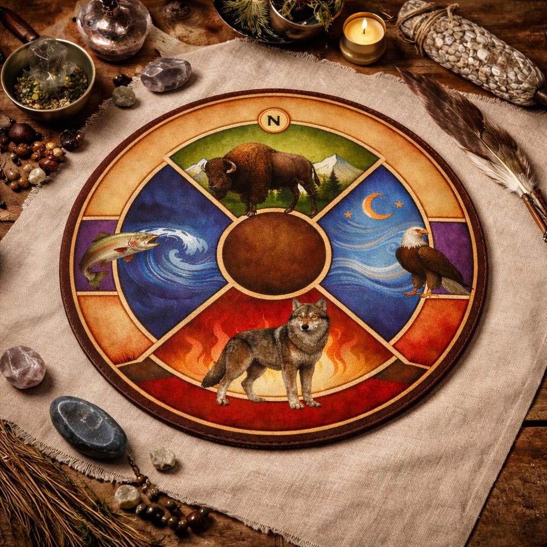 Elemental Medicine Wheel Mat Wolf Salmon Buffalo Shamanic Spirit Altar ...
