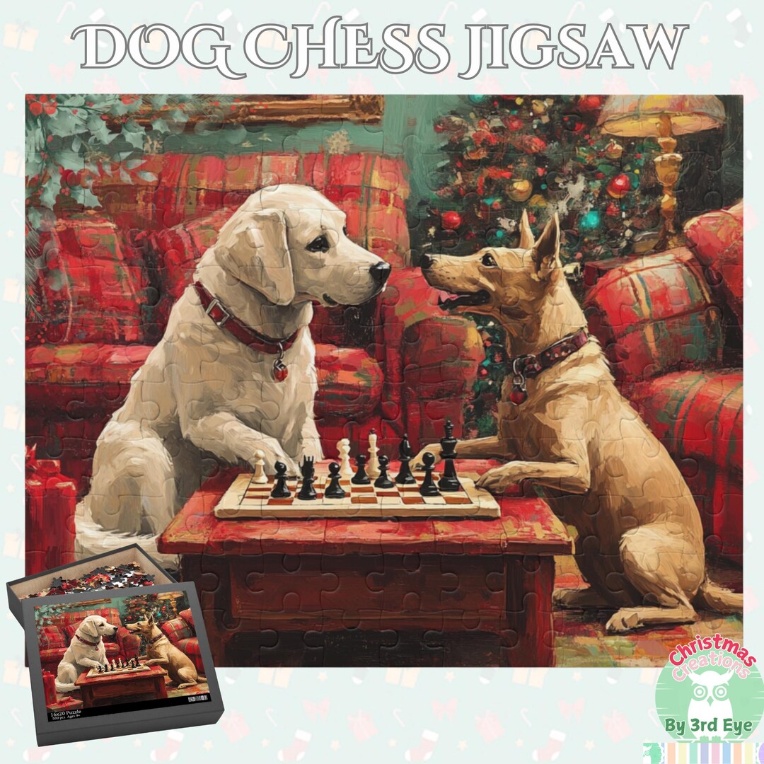 Dog Chess Jigsaw: Two Dogs Playing Chess by the Christmas Tree 120, 252 ...