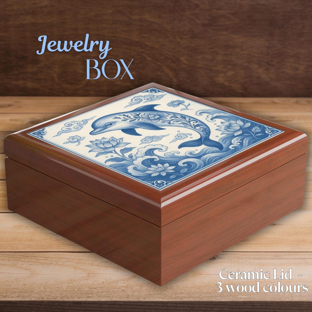 Chinoiserie Dolphin Jewelry Box: Blue & White Porcelain Trinket Holder ...
