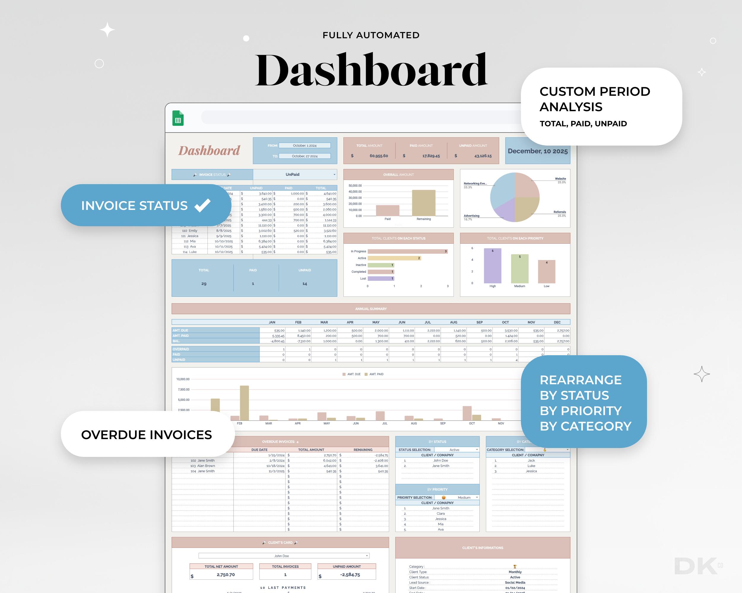 Invoice Tracker Payment Manager Dashboard Small Business Spreadsheet ...