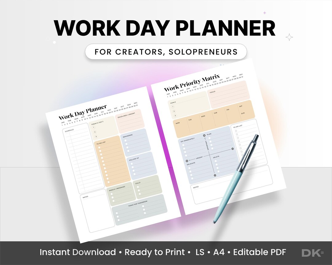 Editable Work Planner Printable Work Day Schedule Template Daily ...