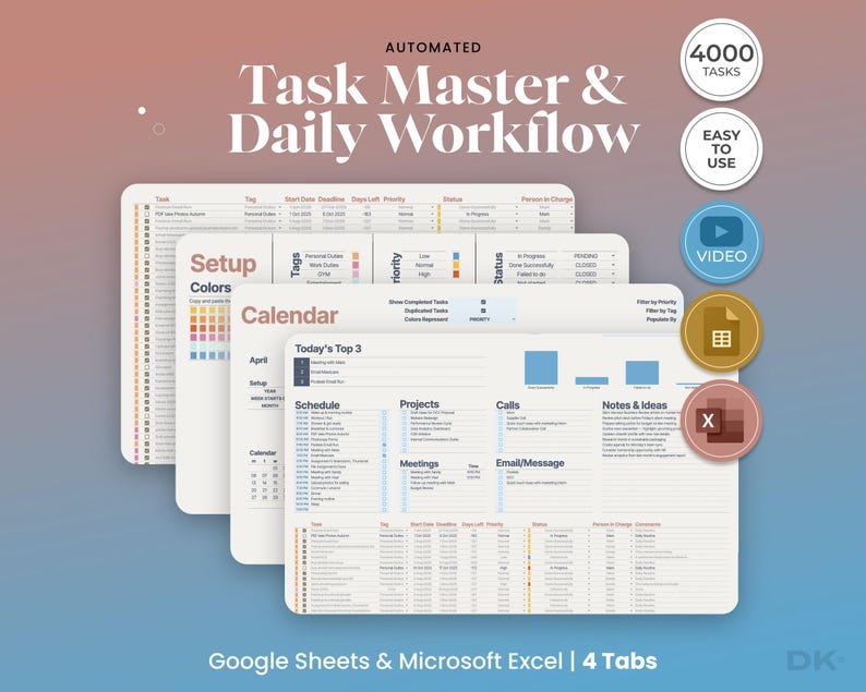 Automated Task Master & Workflow Organizer (google Sheets, Excel) - Etsy