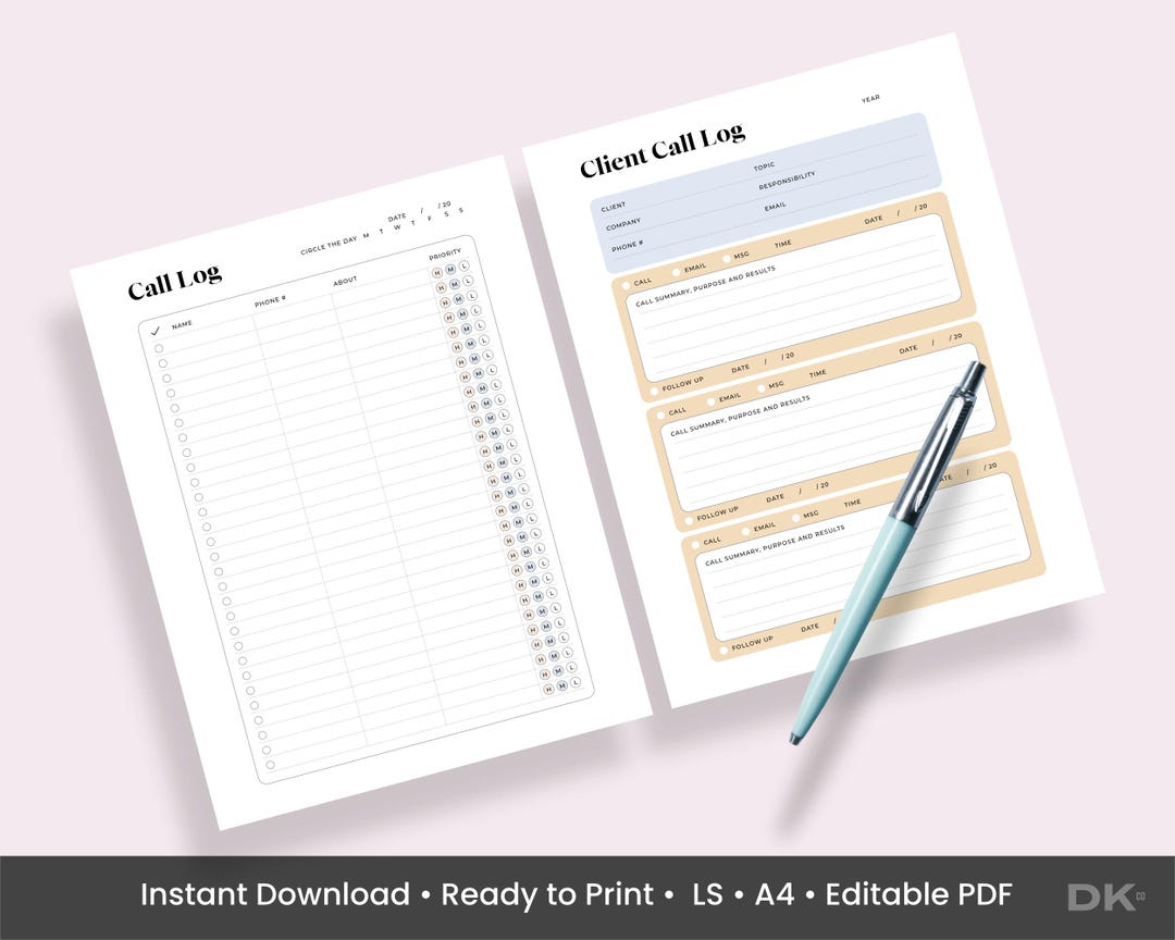 Printable Client Log Template Digital Schedule Client Call Tracker ...